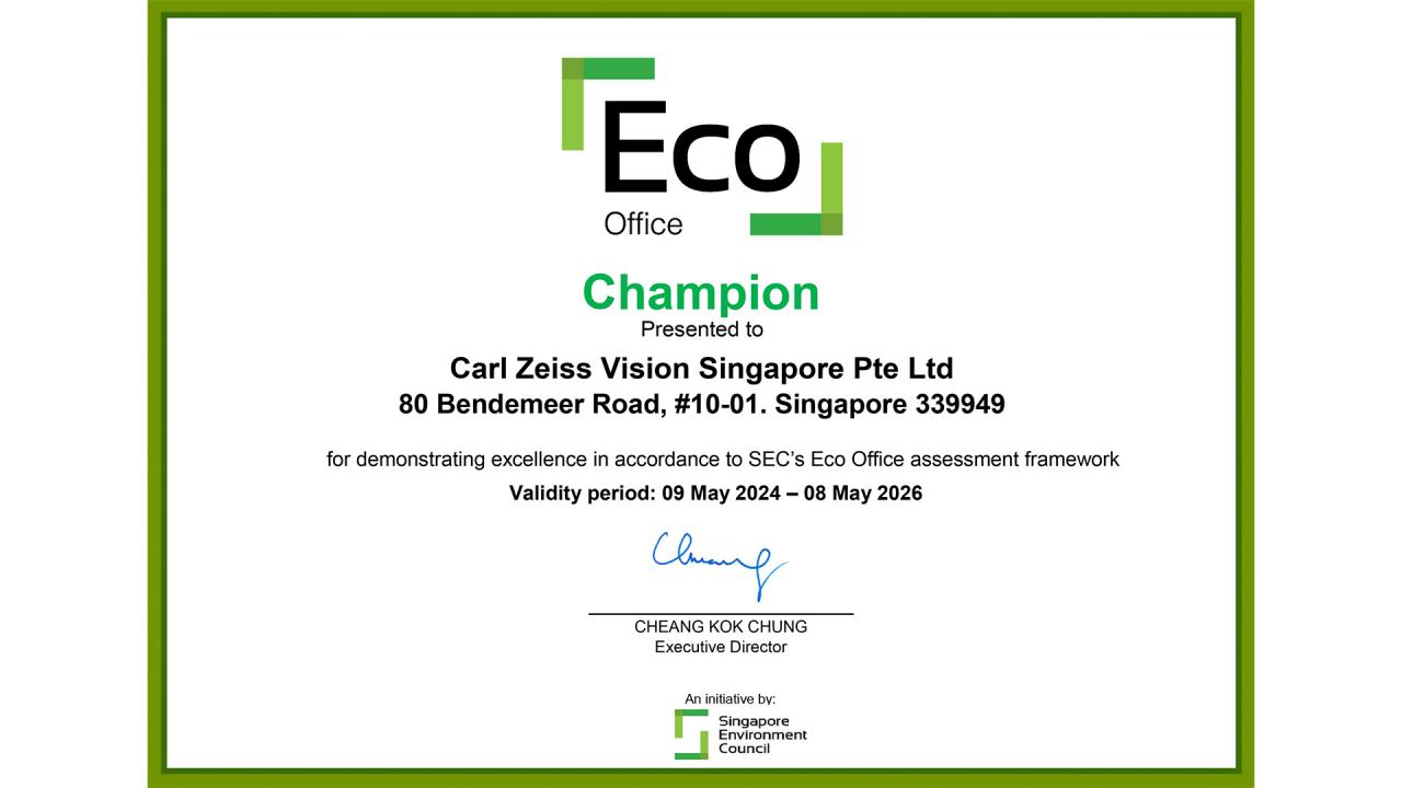 ZEISS Singapore awarded Eco-Office certification consecutively