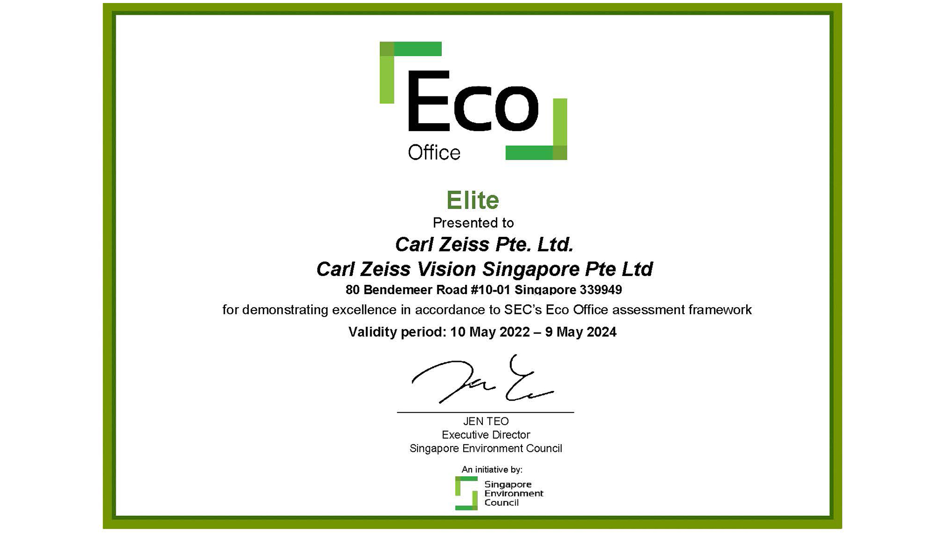 ZEISS Singapore certified as an Eco Office